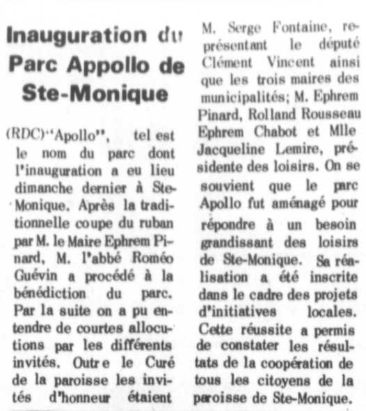 Parc Apollo inauguration 1972 | Sainte-Monique de Nicolet